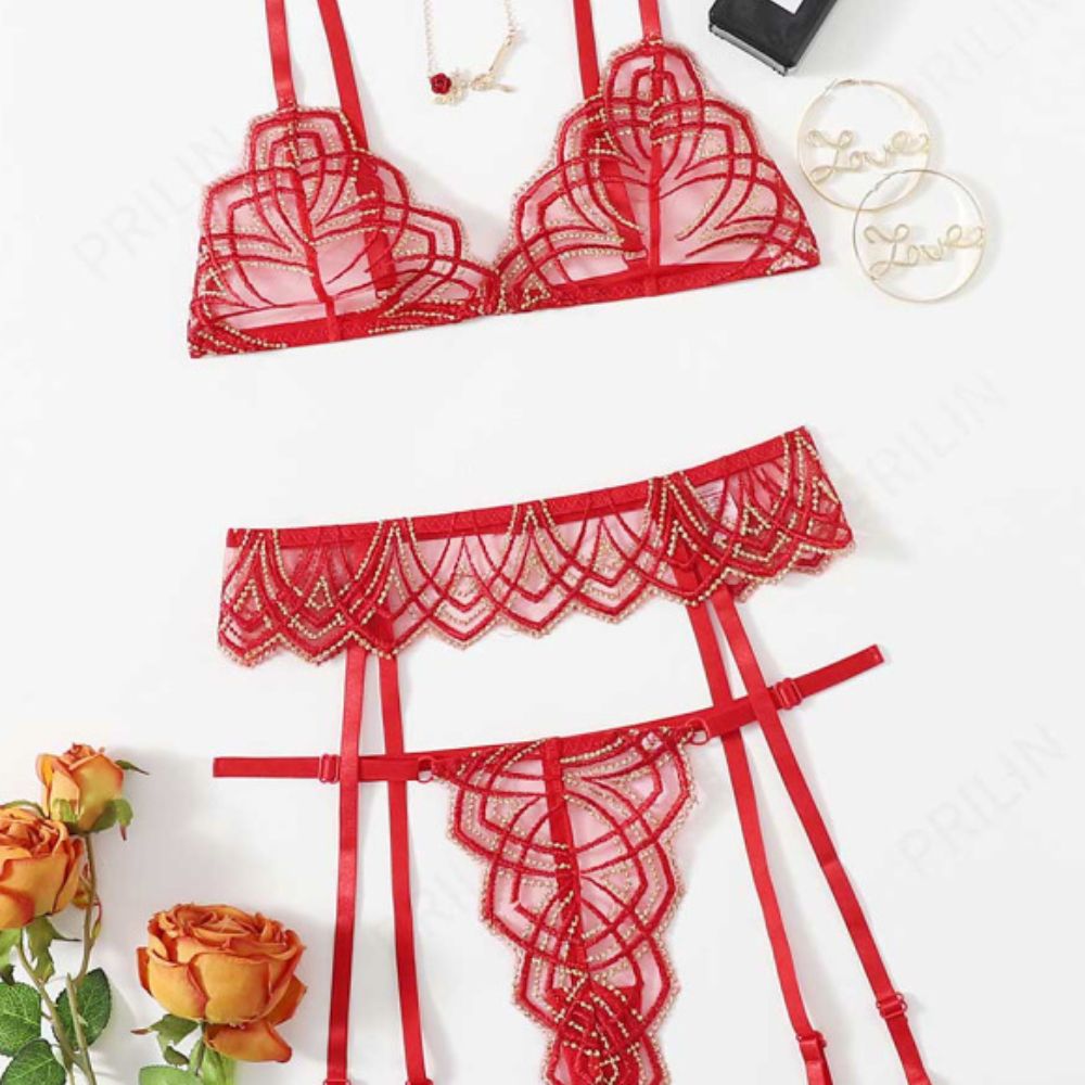 Ropa Interior de Encaje Rojo para Mujer, Lenceria Femenina 3 piezas ...